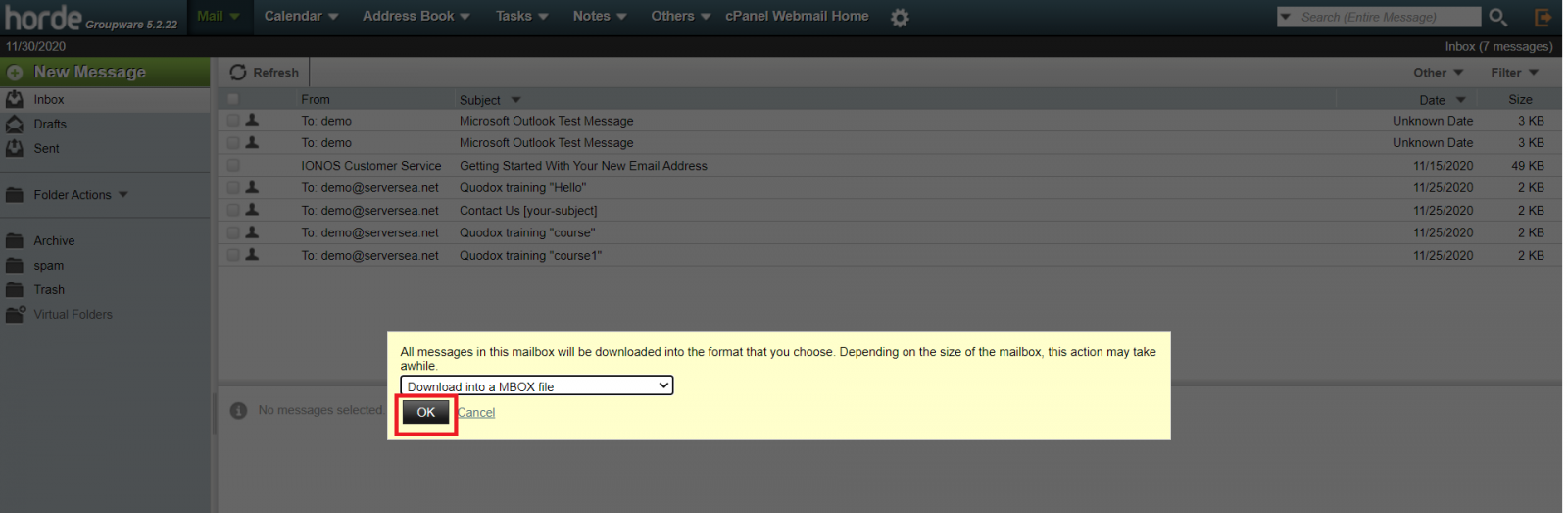 How to download emails in Webmail through Horde Interface?